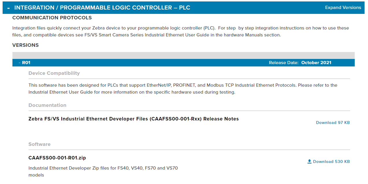 查找适用于 FS/VS 设备的Zebra工业以太网开发人员文件