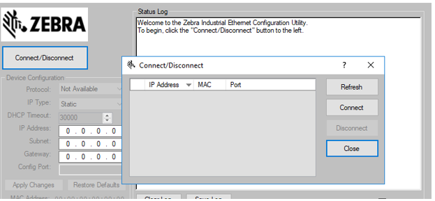 尝试连接时在Zebra工业以太网实用程序中找不到 EA3600