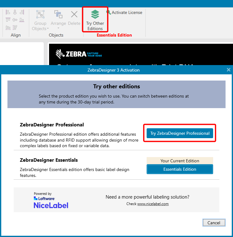 激活 ZebraDesigner 3 Professional 30 天试用期的步骤
